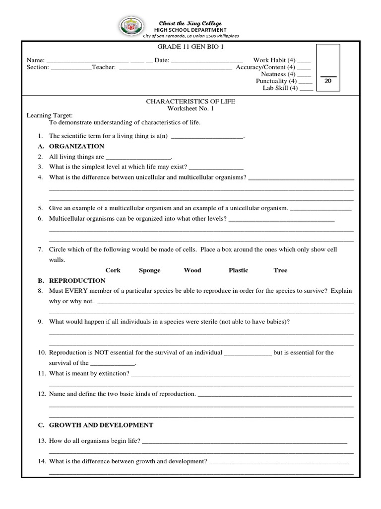 Characteristics of Life Worksheet | PDF | Organisms | Evolutionary Biology