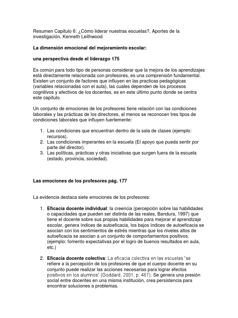 Resumen Capitulo 6 Leithwood | PDF | Autoeficacia | Maestros