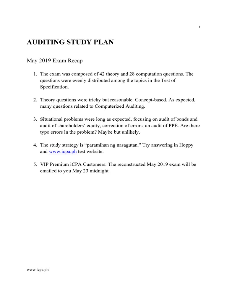 Auditing Study Plan: May 2019 Exam Recap | PDF | Internal Control | Audit