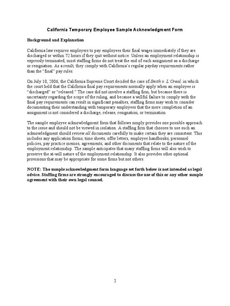 CA Sample Acknowledgment Form | Download Free PDF | At Will Employment ...