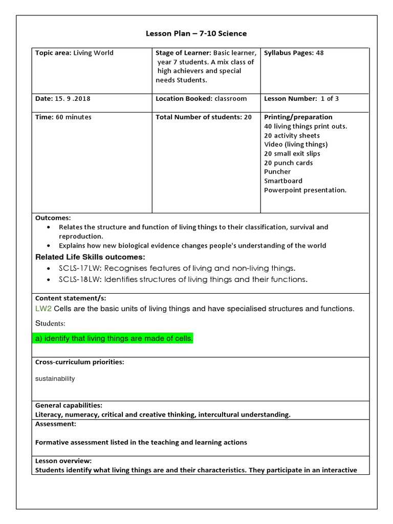 Lesson Plan Living Things | PDF | Educational Technology | Life