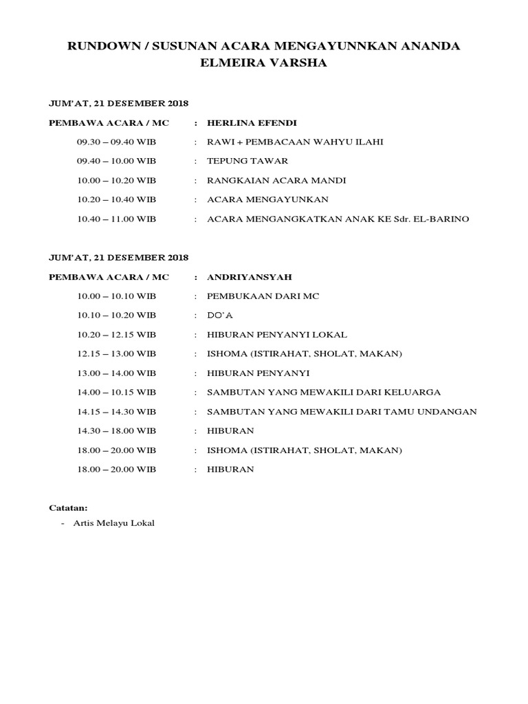 Rundown Acara Mengayunkan Ananda Elmeira | PDF | Griya & Taman