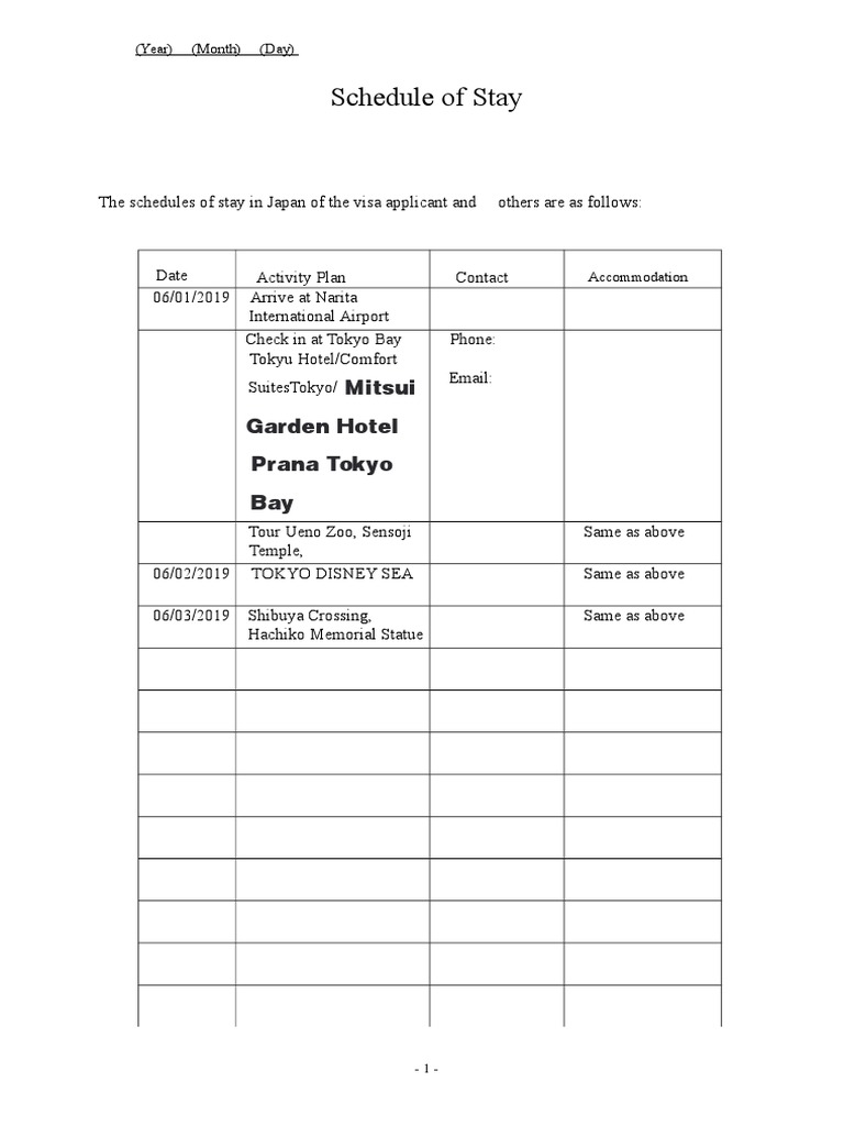 Japan Visa Schedule of Stay Example | PDF