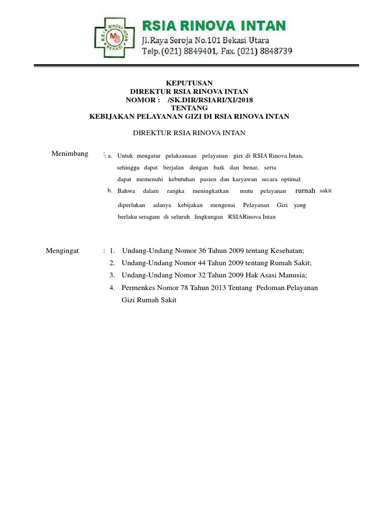 SK Pelayanan Gizi Rsia Rinova Intan | PDF | Pengembangan Diri