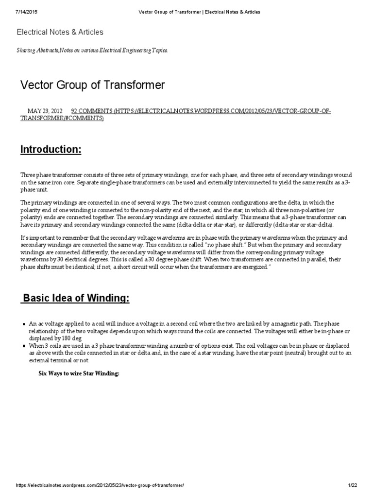 Vector Group of Transformer - Electrical Notes & Articles | PDF ...