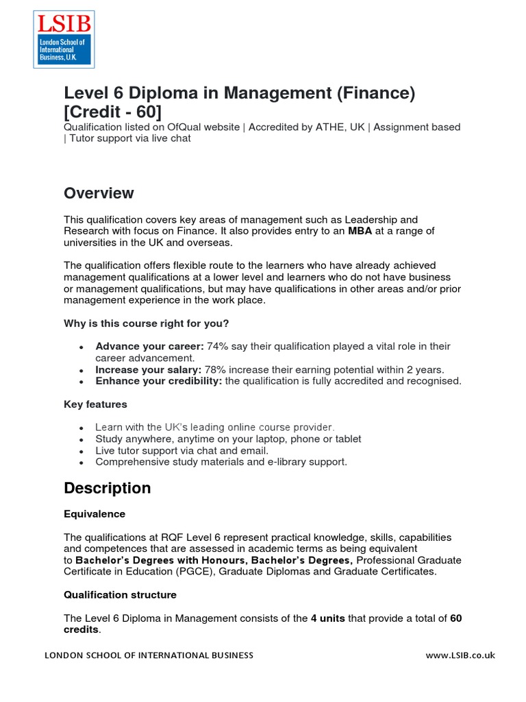 Level 6 Diploma in Management (Finance) (Credit - 60) | PDF | Master's ...