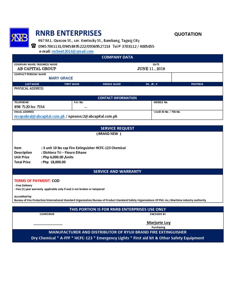 RNRB Enterprises quotation for 3 unit 10 lbs fire extinguishers | PDF ...