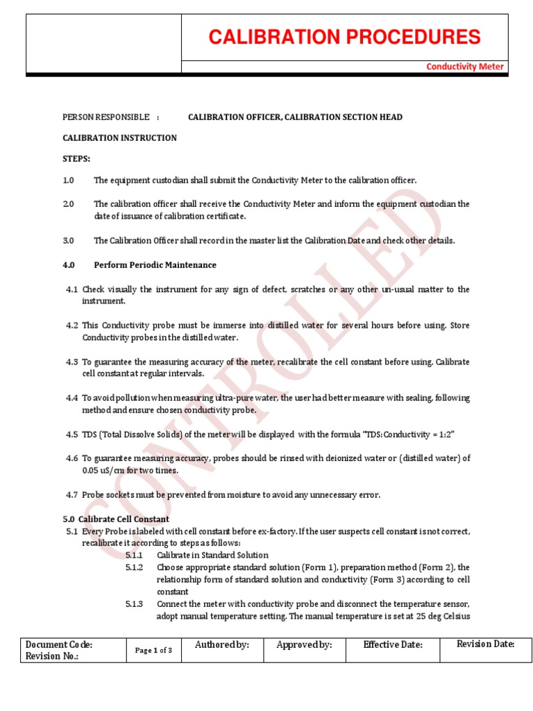 Calibratioin Procedure For Conductivity Meter | PDF | Calibration ...