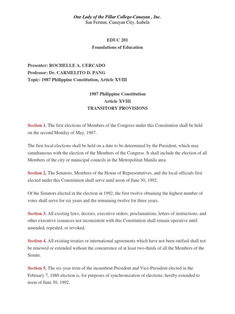 Transitory Provisions..Section 18 | PDF | President Of The Philippines ...