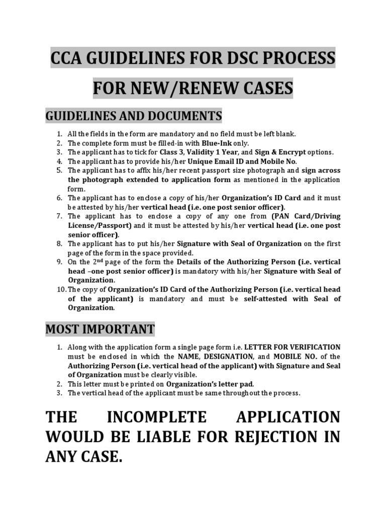 CCA Guidelines for DSC Application | PDF