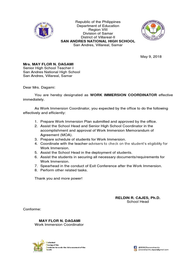 Designation Order Work Immersion Teacher | PDF