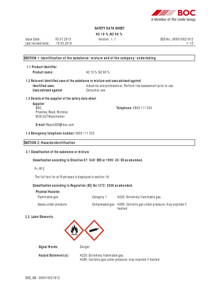 H2/N2 Safety Data Sheet and Hazards | PDF | Personal Protective ...