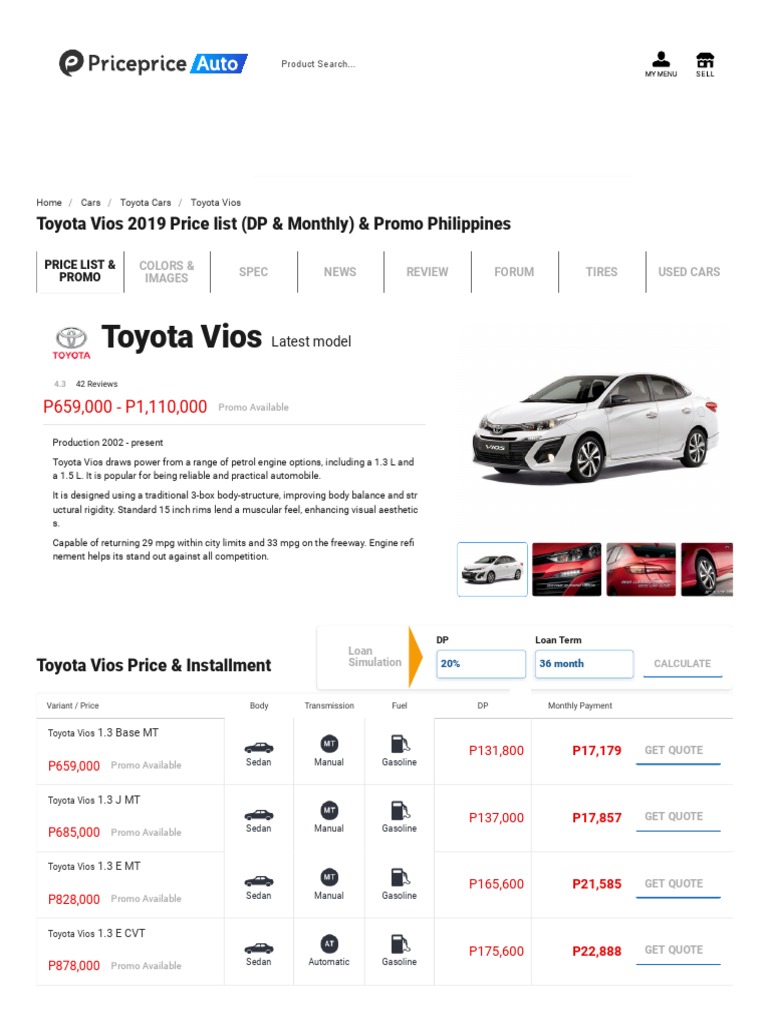 Toyota Vios 2019 Price List (DP & Monthly) & Promo Philippines PDF ...