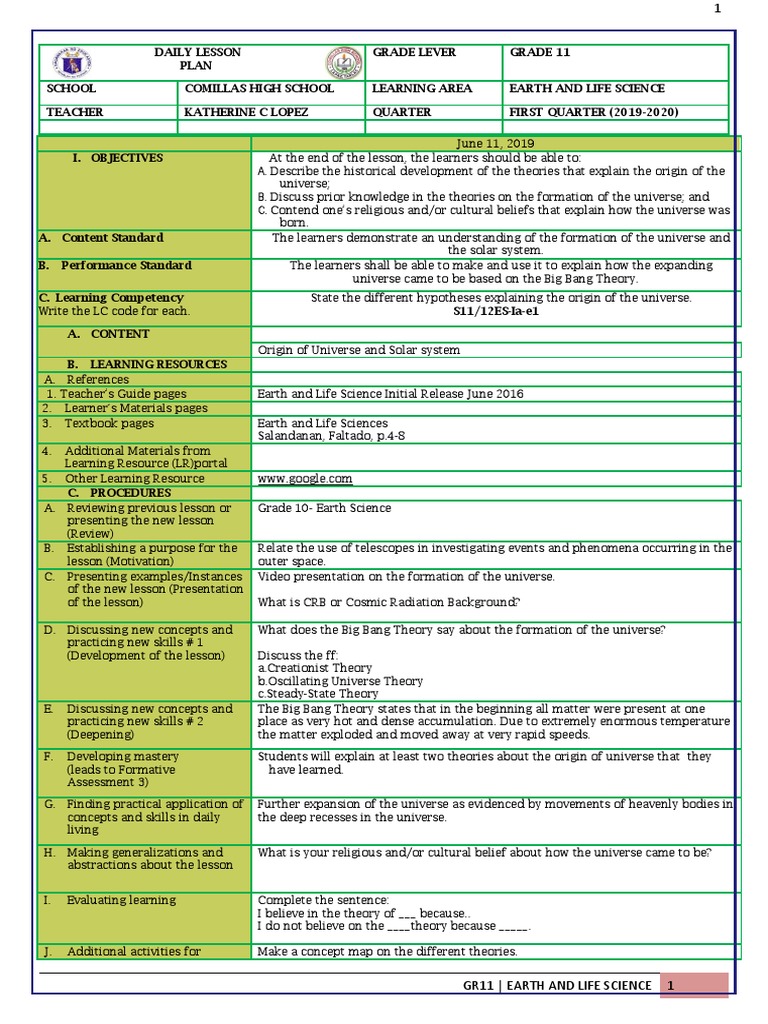 Daily Lesson Plan in Earth Science | PDF | Universe | Big Bang