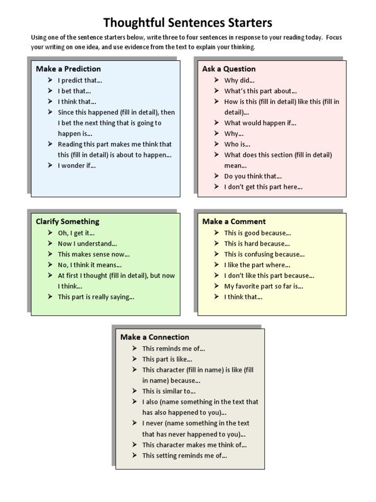 Thoughtful Sentences Starters: Make A Prediction Ask A Question | PDF