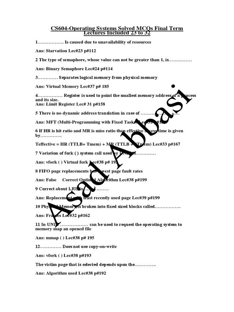 CS604 Operating Systems Solved MCQSfor Final Term Lec 23 To 32 With Reference by Me | PDF ...