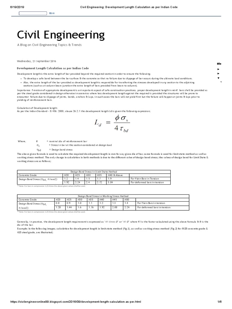 Civil Engineering - Development Length Calculation As Per Indian Code ...
