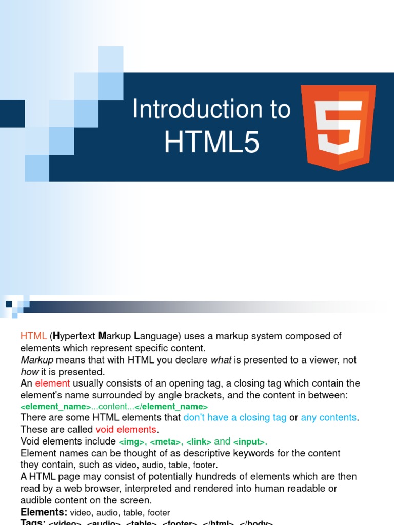 An Introduction to HTML5 Elements and Formatting Tags | PDF | Html | Html Element