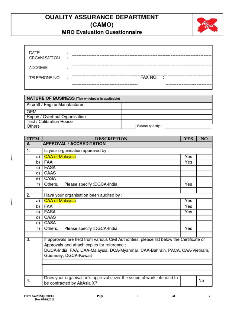 MXQD 0014 - Mro Evaluation Questionaire - Rev 3 | PDF | Audit | Calibration