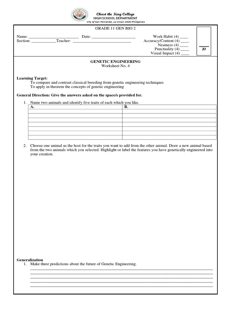 Genetic Engineering Worksheet for Grade 11 | PDF | Career & Growth