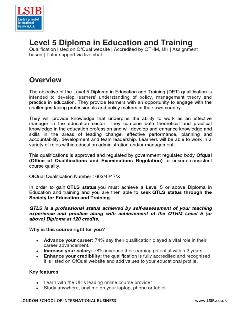 Level 5 Diploma in Education & Training | PDF | Diploma | Academic Degree