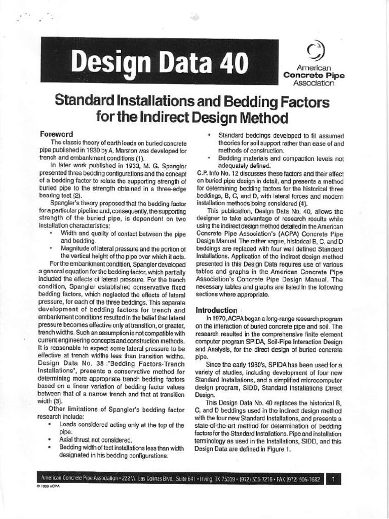 Standard Installations & Bedding Faactor For Indirect Design Method PDF ...