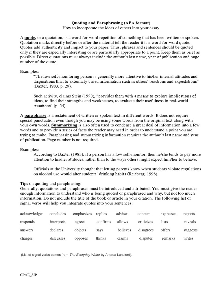 Quoting and Paraphrasing (APA Format) | PDF | Attitude (Psychology) | Word