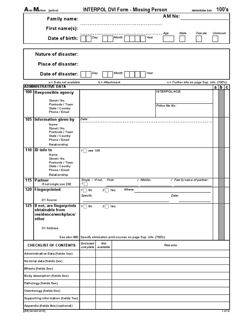 INTERPOL DVI Form - Missing Person: AM No: Family Name: First Name(s ...