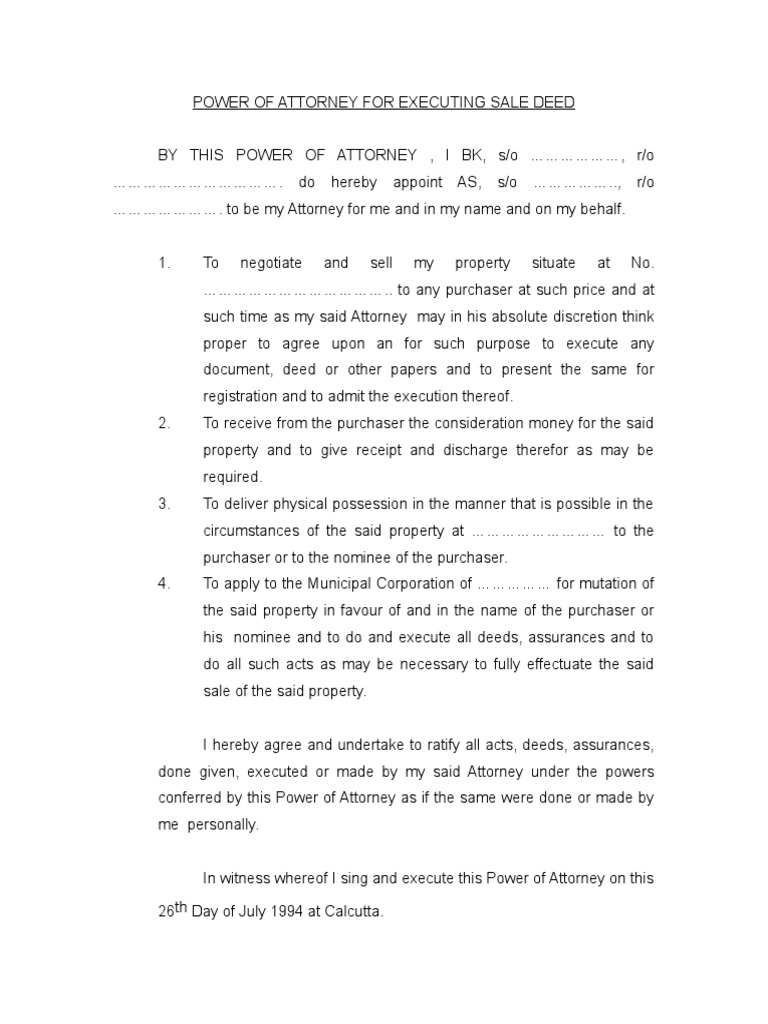 Power of Attorney For Executing Sale Deed | PDF