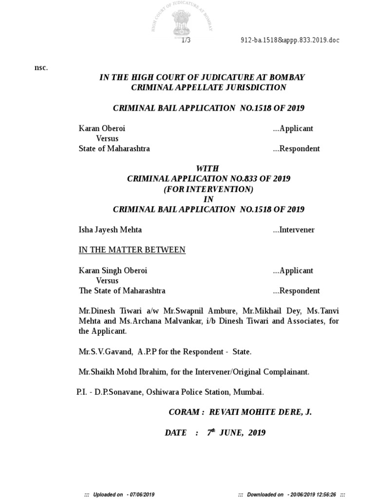 Karan Oberoi Bail Order | PDF | Bail | Misconduct