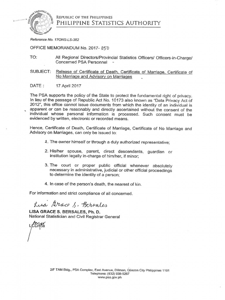 PSA Memo 2017-050 On The Release of Civil Register Documents PDF | PDF
