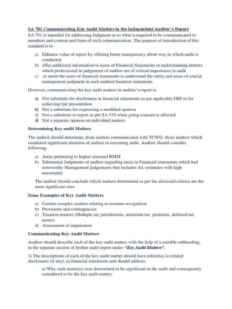 SA 701 Communicating Key Audit Matters in The Independent Auditor's Report | PDF | Audit ...