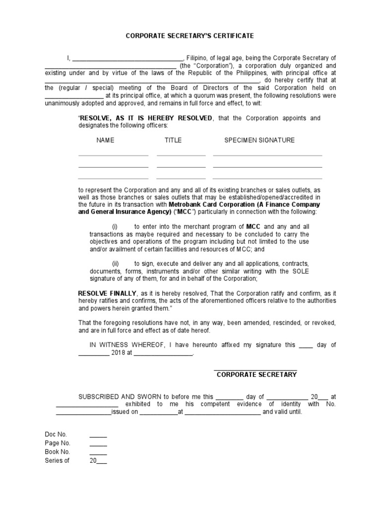 Secretarys Certificate Metrobank | PDF | Signature | Ratification