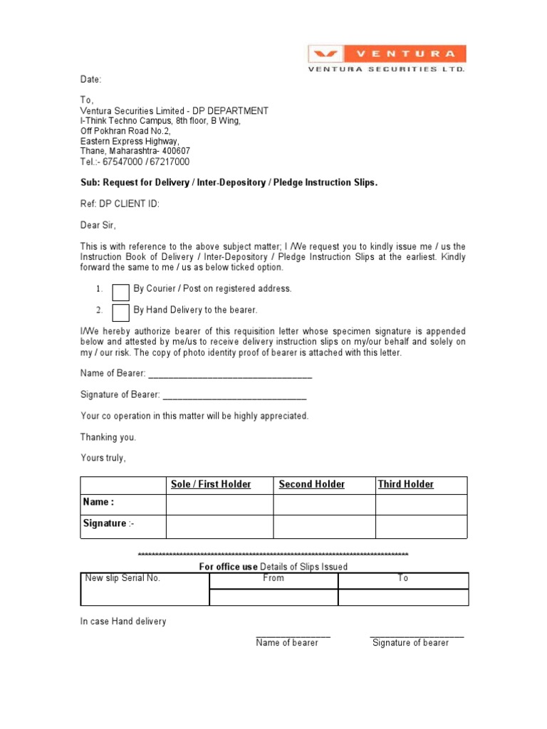 Sub: Request For Delivery / Inter-Depository / Pledge Instruction Slips ...