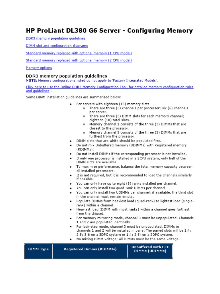 HP Proliant Dl380 G6 Server - Configuring Memory: Ddr3 Memory ...