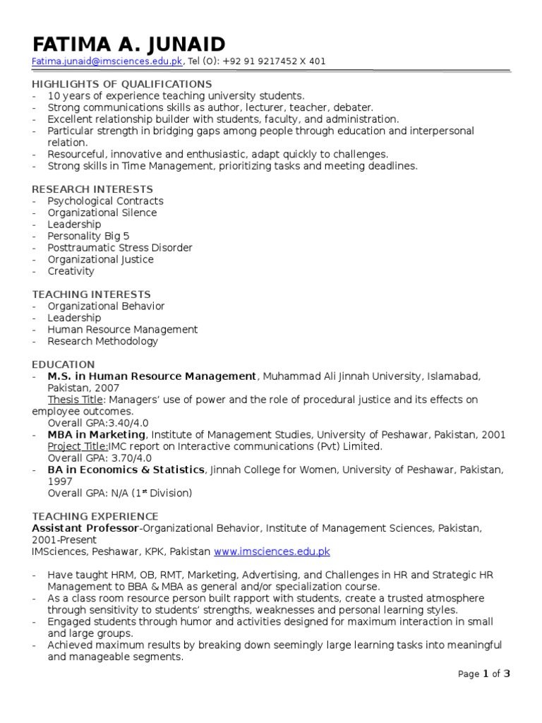 Fatima A. Junaid: Highlights of Qualifications | PDF | Human Resource ...