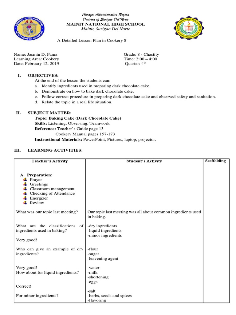 Lesson Plan: Baking Dark Chocolate Cake | PDF | Cakes | Chocolate
