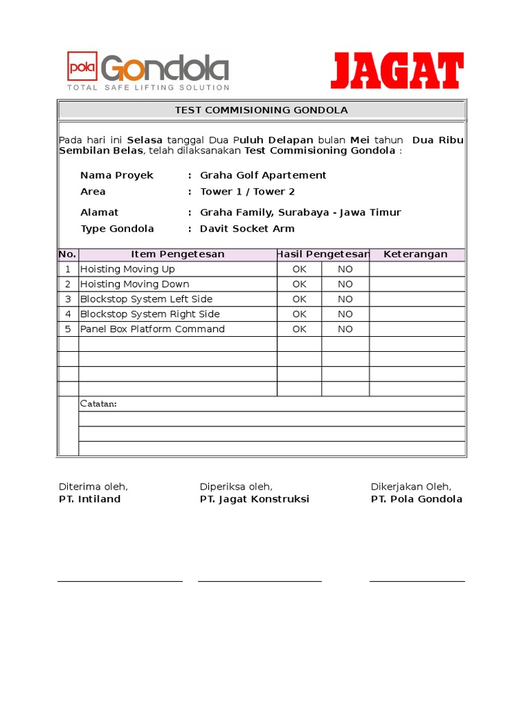 Laporan Test Commissioning Gondola | PDF