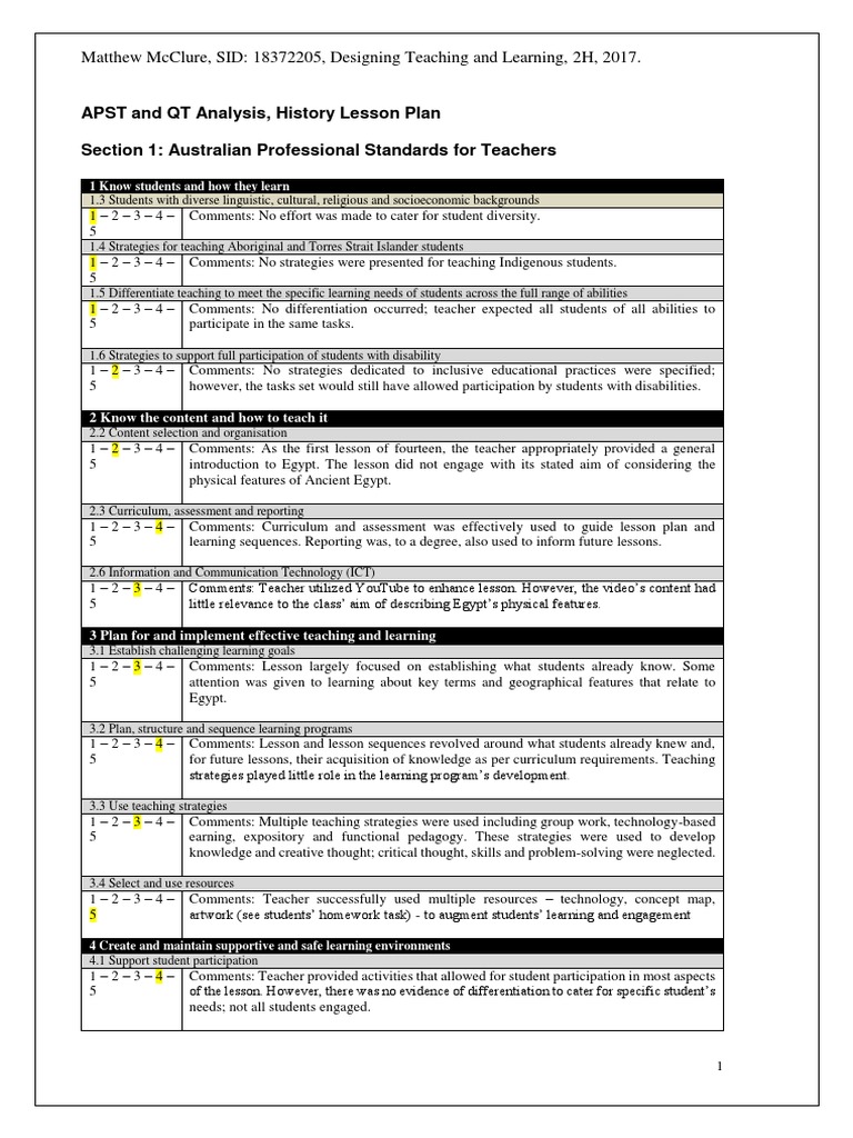 APST and QT Analysis, History Lesson Plan Section 1: Australian Professional Standards For ...
