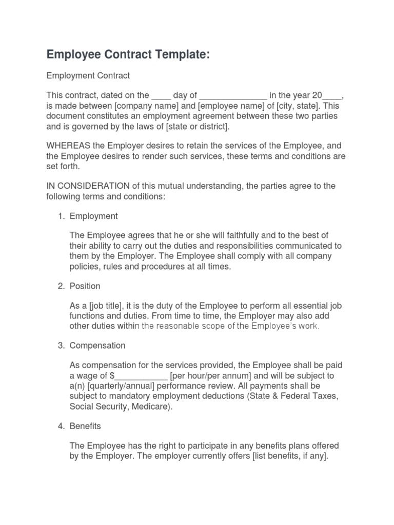 Employee Contract Template.docx | Employment | Common Law