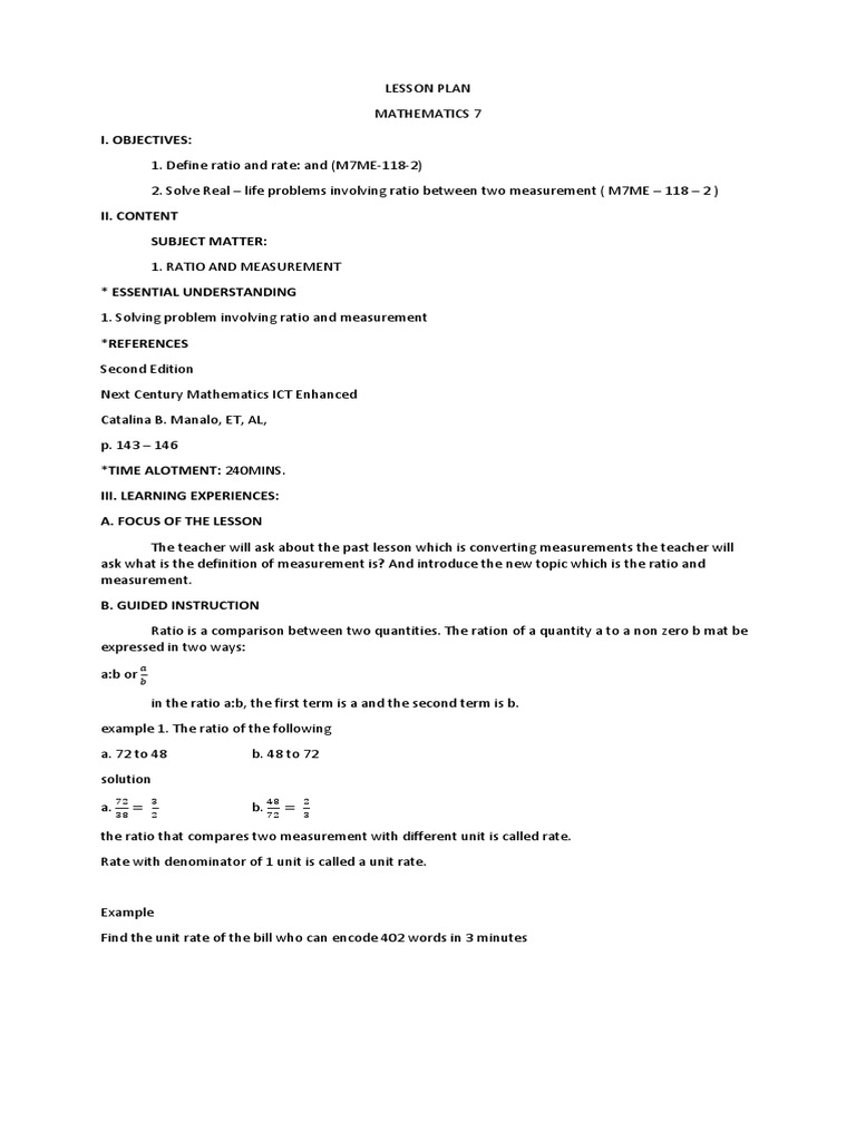 LESSON PLAN Grade 7 Math | PDF | Ratio | Measurement