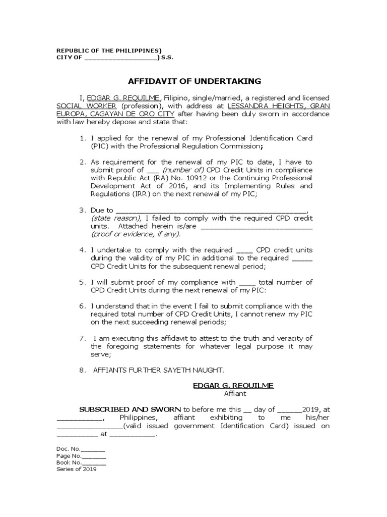 PRC Form Affidavit of Undertaking CPD | PDF | Affidavit | Civil Law ...