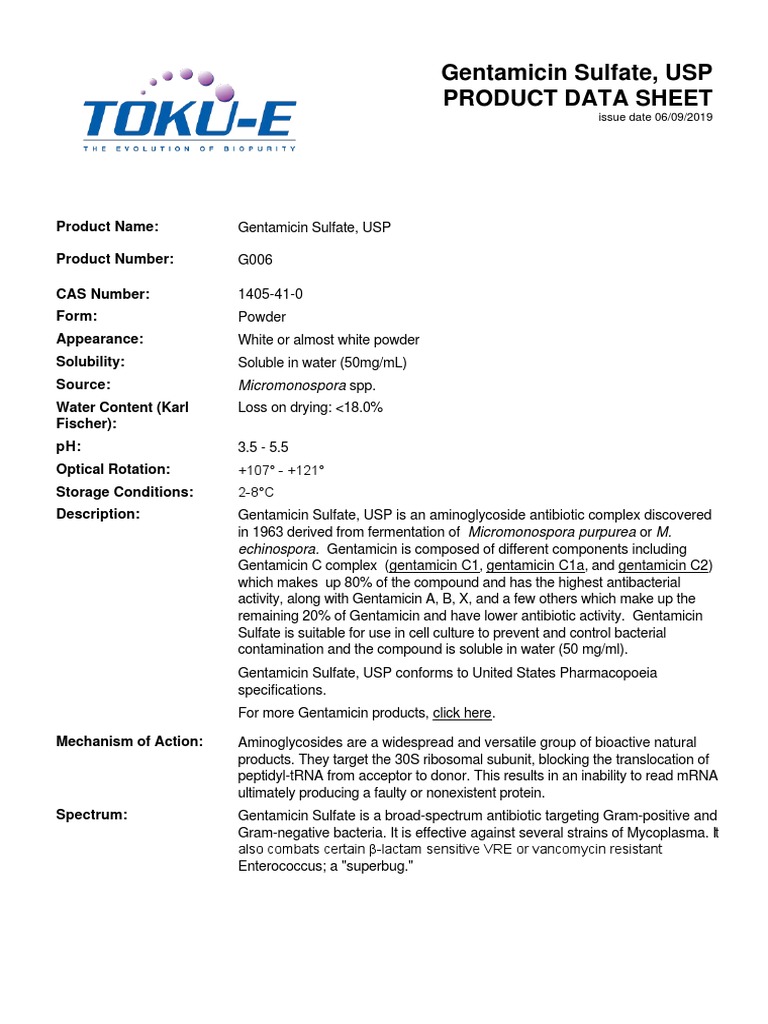 Gentamicin Sulfate, USP Product Overview | PDF | Organisms | Cell Biology
