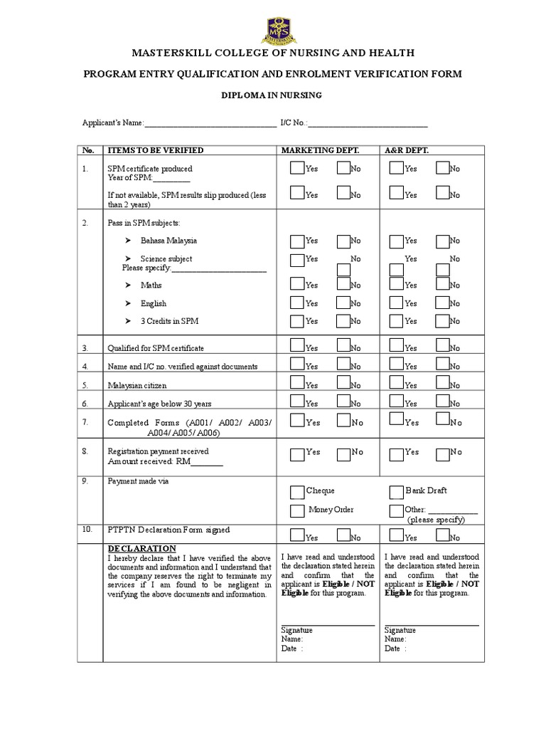 Masterskill College of Nursing and Health: Program Entry Qualification ...