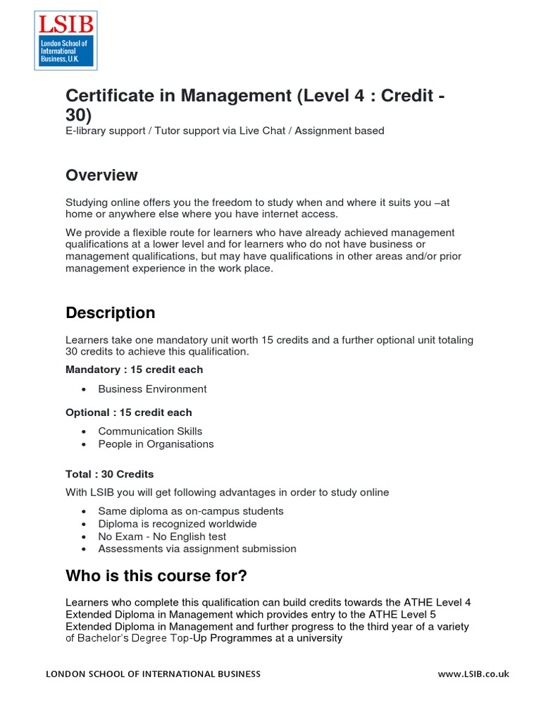 Certificate in Management (Level 4: Credit - 30) | PDF | Diploma ...