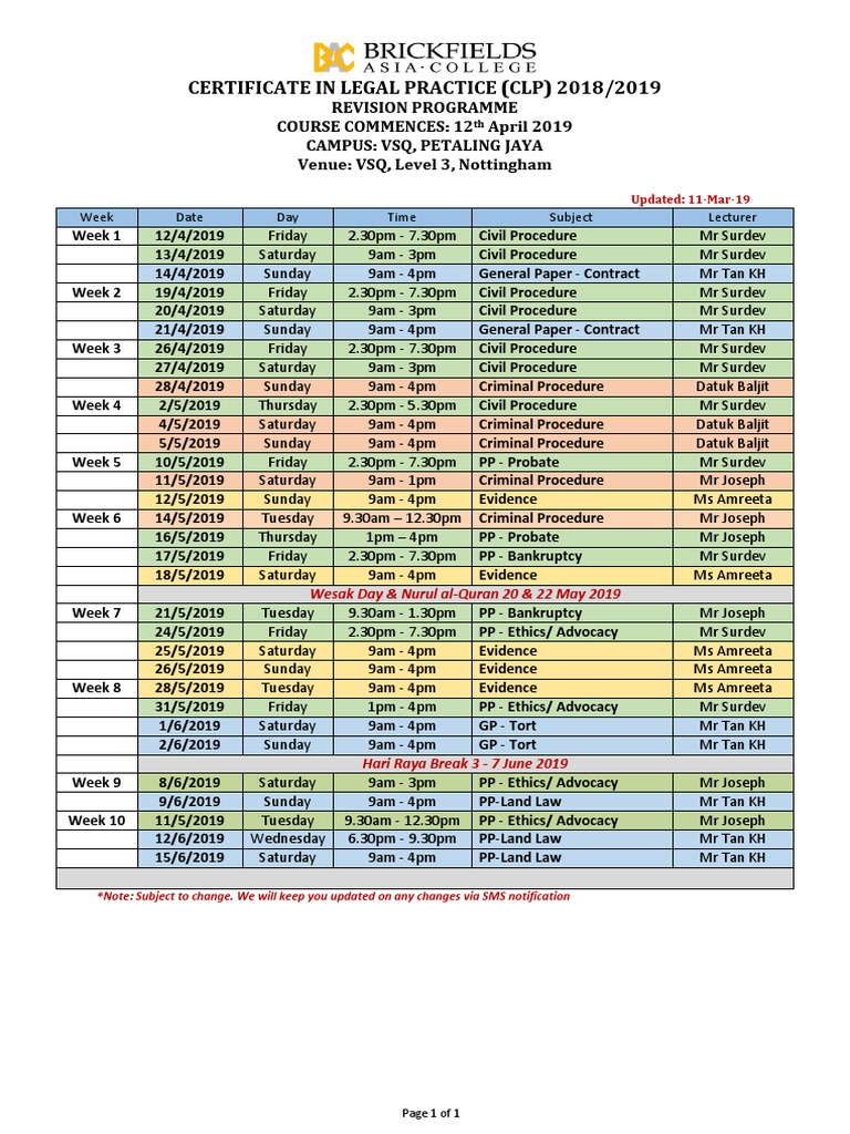 CLP2018 - 19 April Revision Timetable - PJ | PDF | Criminal Procedure ...