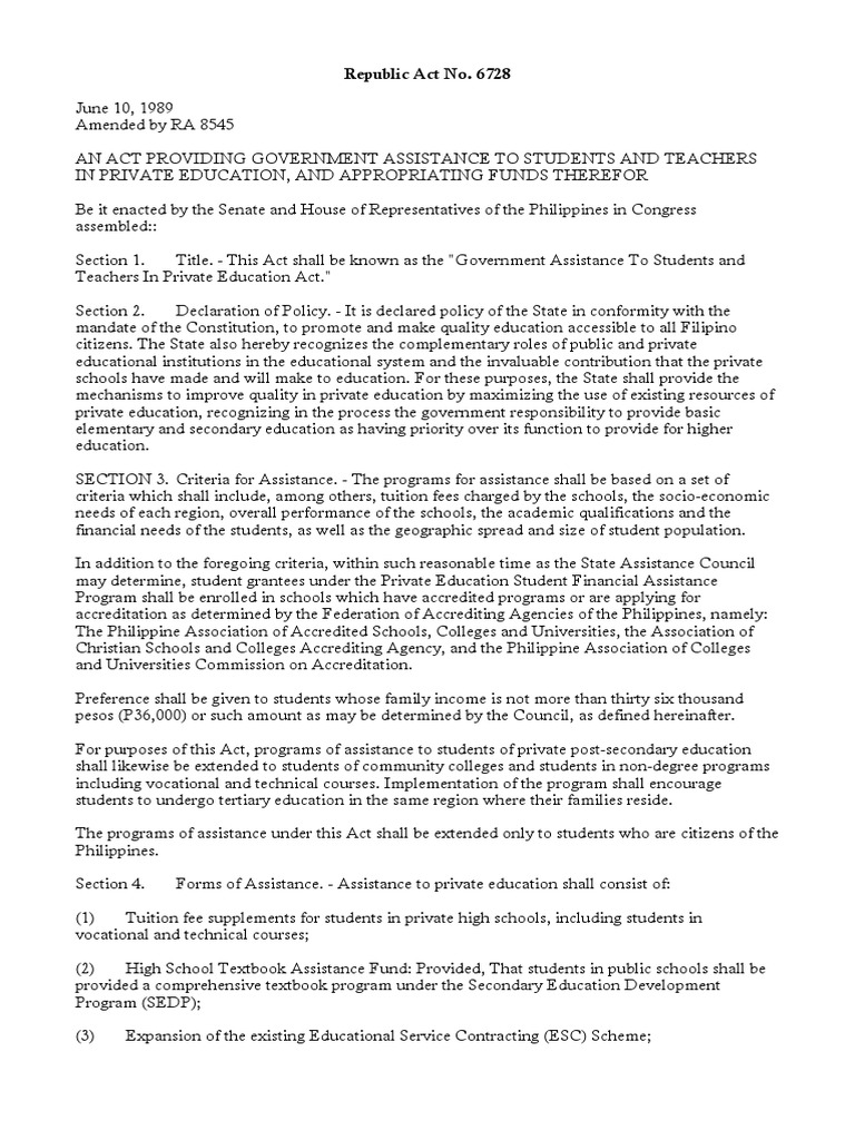 Republic Act No. 6728 | PDF | Private School | Tuition Payments