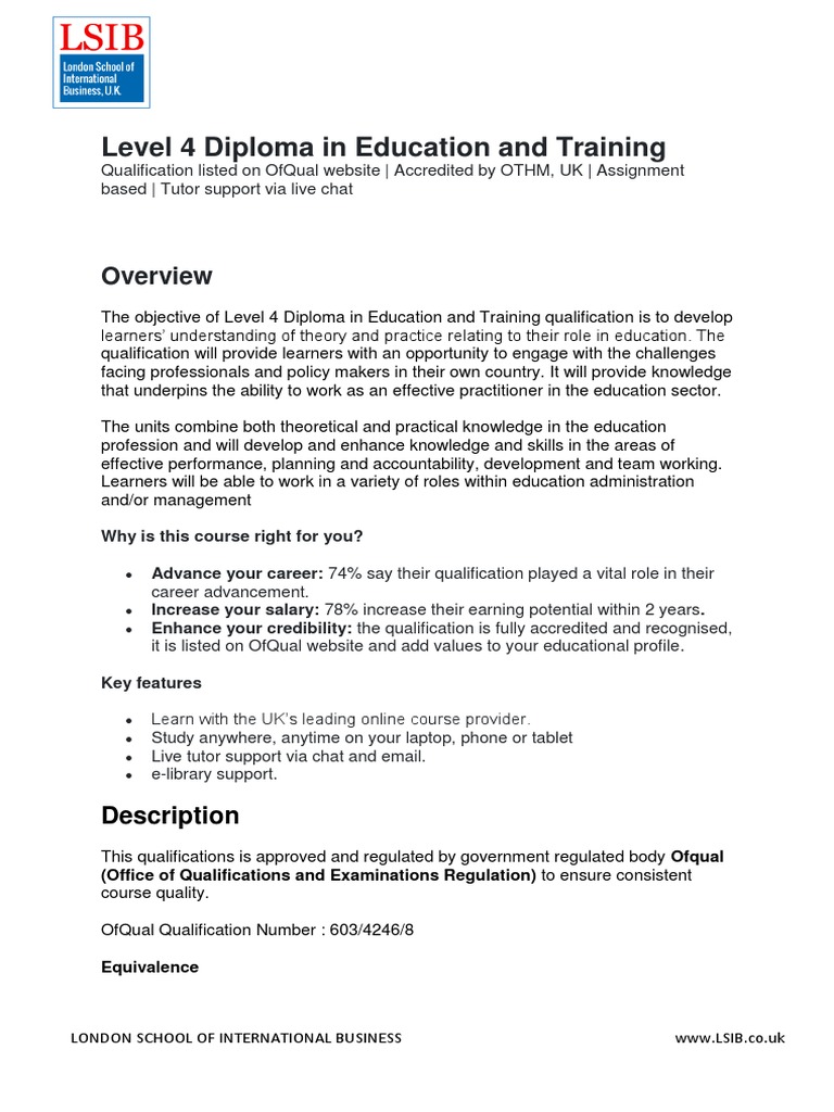 Level 4 Diploma in Education and Training | PDF | Academic Degree | Diploma