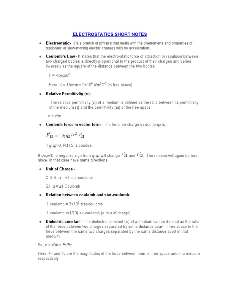 Electrostatics Short Notes: Electrostatic Coulomb's Law | PDF ...