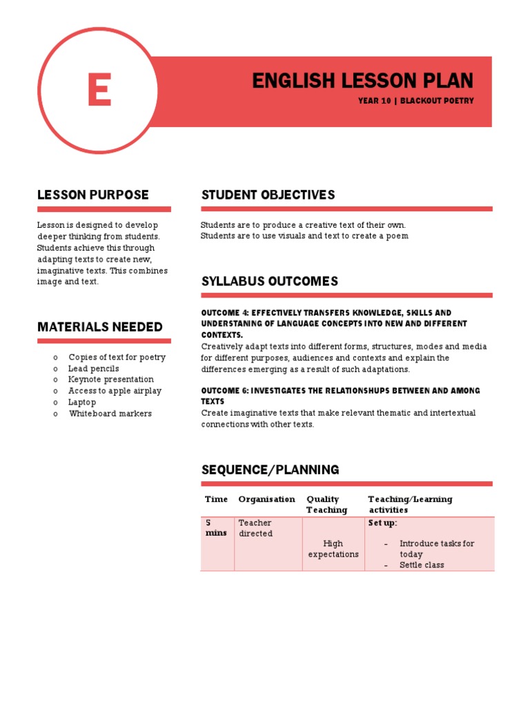 Lesson Plan - Yr 10 Blackout Poetry | PDF | Lesson Plan | Poetry
